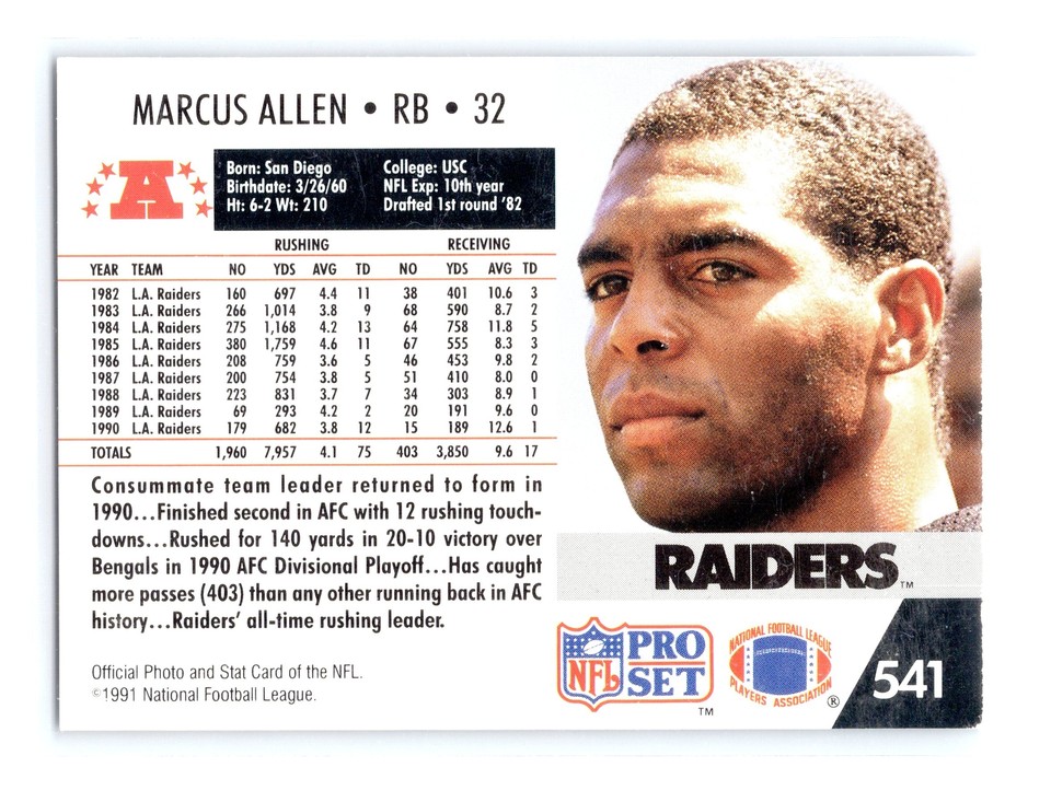 1991 Pro Set Football #541 Marcus Allen Los Angeles Raiders | eBay