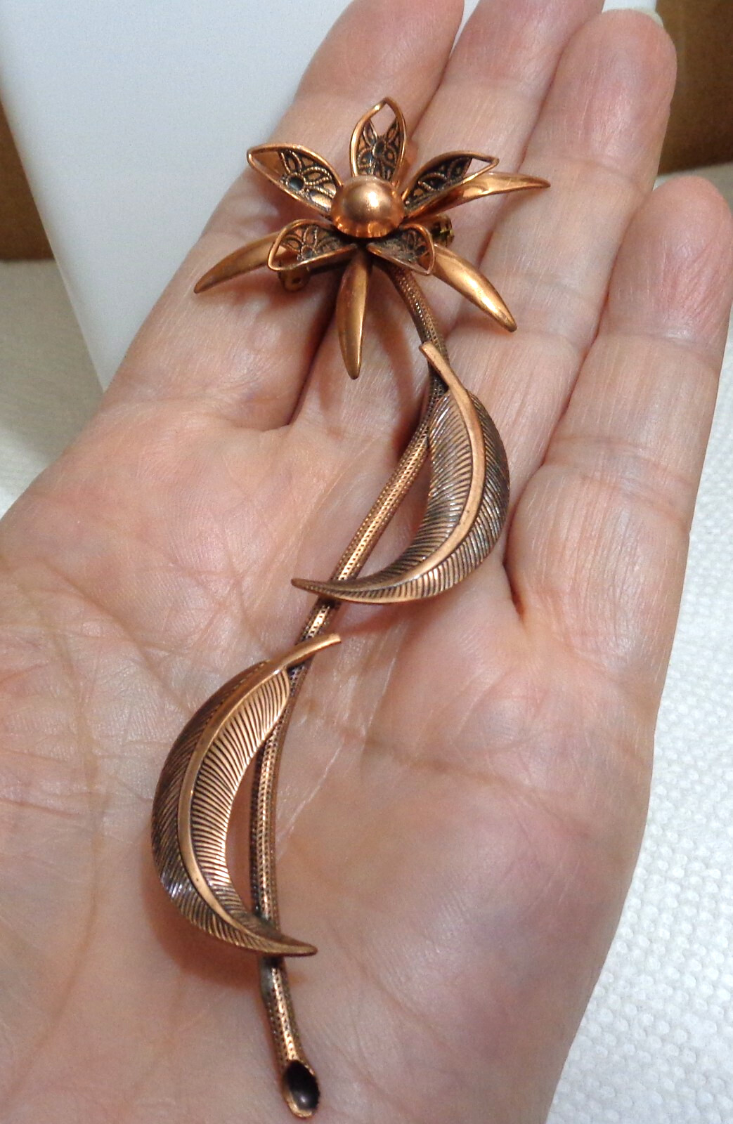 Large 4" Vintage MCM 3D Solid Copper Flower Pin 10.5 … - Gem