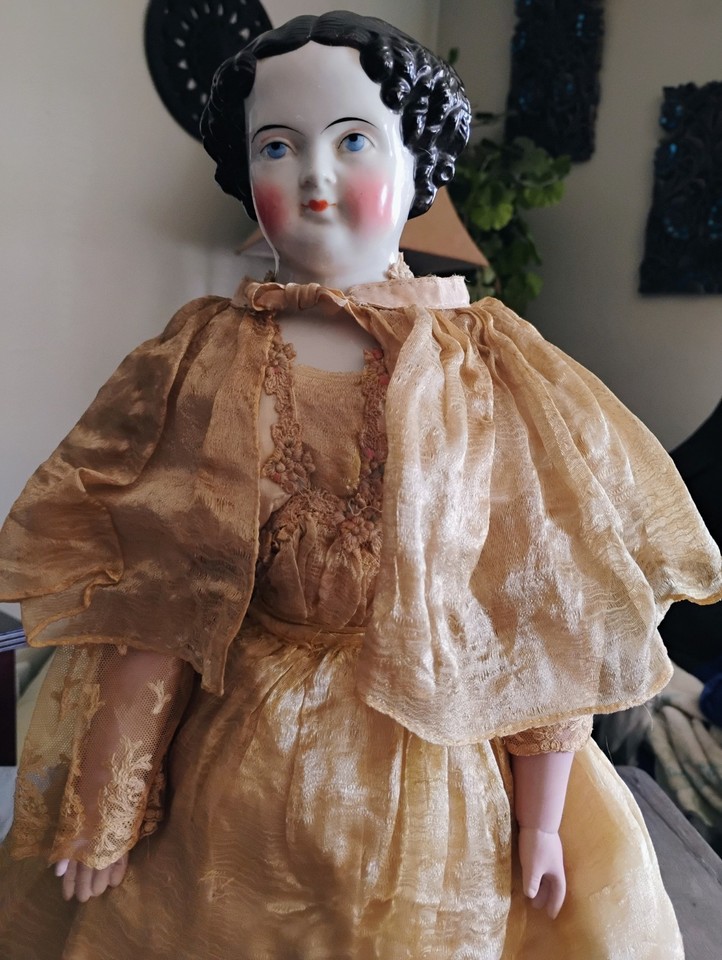 Antique 1850's 23" German China Doll Head Flat Top Covered Wagon Style ...