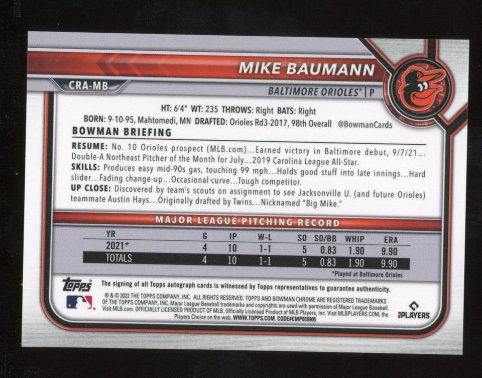Mike Bauman 2022 Bowman Chrome Auto Rookie Gold Serial #d 46/50 Orioles ...