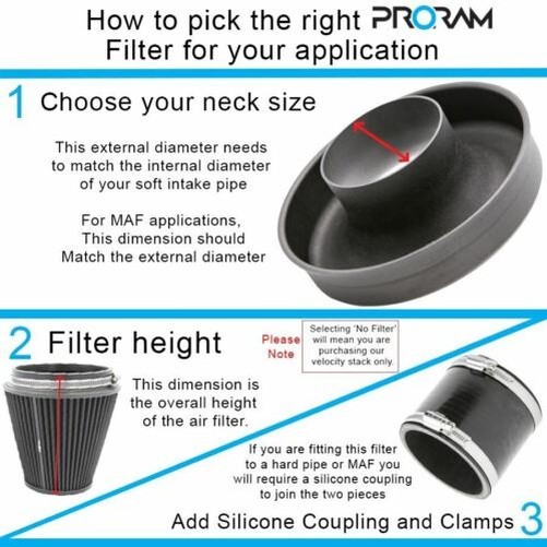 PRORAM Performance Cone Air Intake Filter & Aluminium Velocity Stack ...