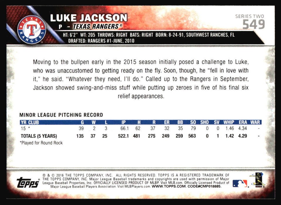 2016 Topps Luke Jackson Rookie #549 Texas Rangers | eBay