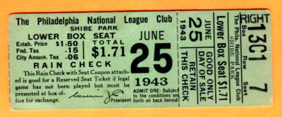 VINTAGE BASEBALL TICKET STUB-6/25/43-DODGERS/PHILLIES-SHIBE-TRIPLETT 2 ...