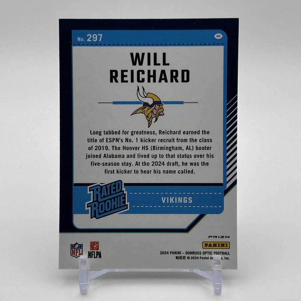 2024 Donruss Optic Football Will Reichard Purple Scope #297 RC ...