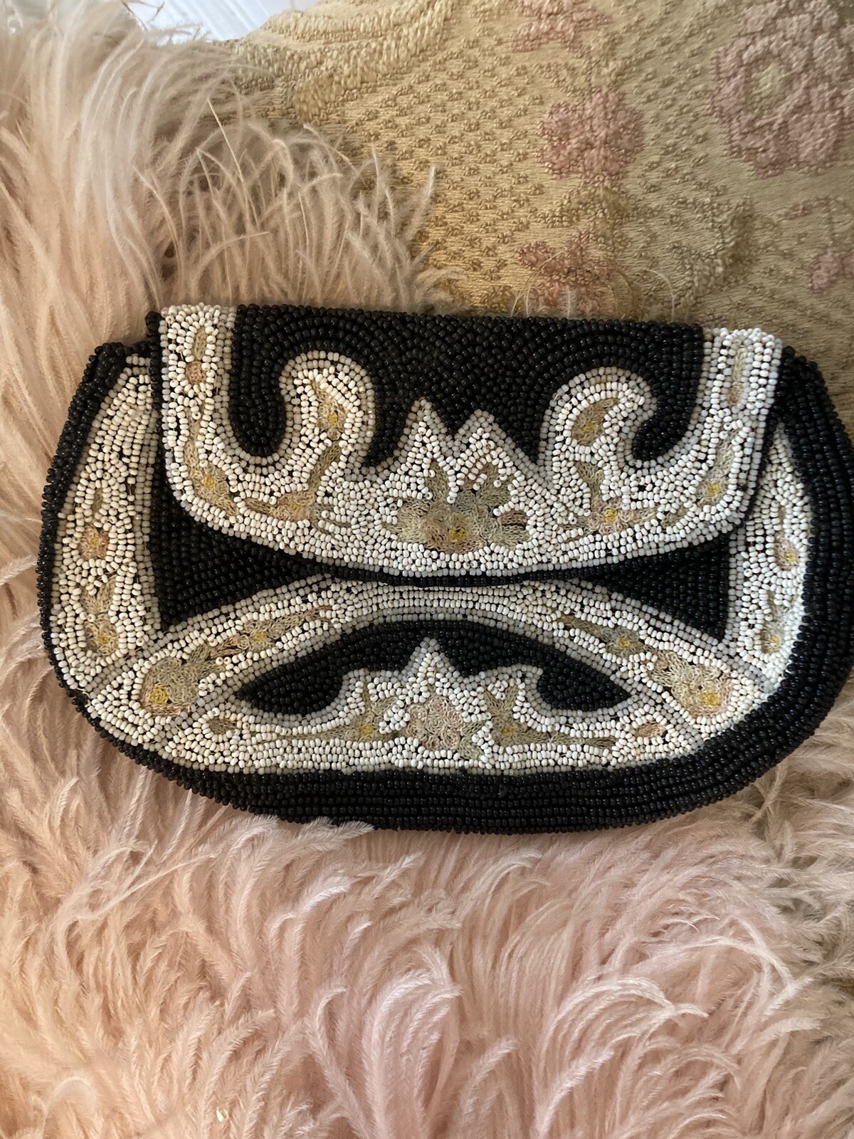 Antique Ladies Seed Bead Beaded Purse Clutch Black & … - Gem
