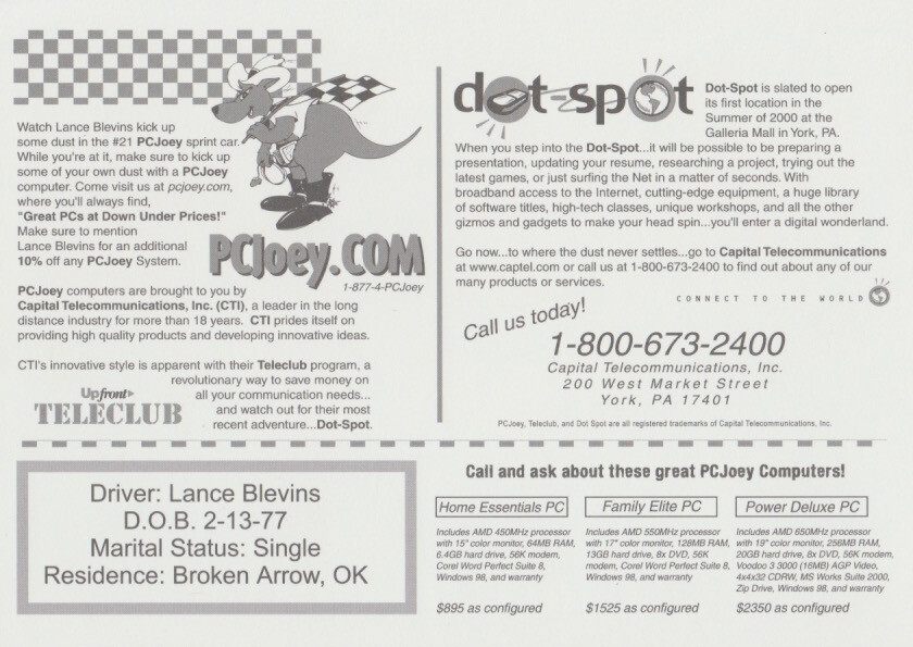 2000 Lance Blevins signed PC Joey World Of Outlaws WOO Sprint Car Hero ...