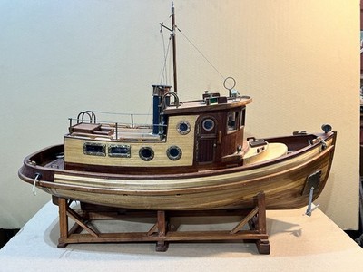 AMAZING Large 29” STEAM TUGBOAT Handcrafted Wooden Model Folk Art Ship ...