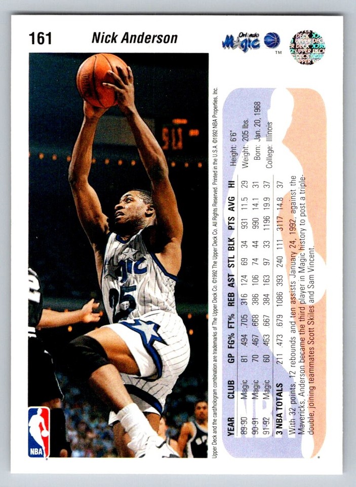 #219 Nick Anderson Orlando Magic sports Upper Deck 1992 | eBay
