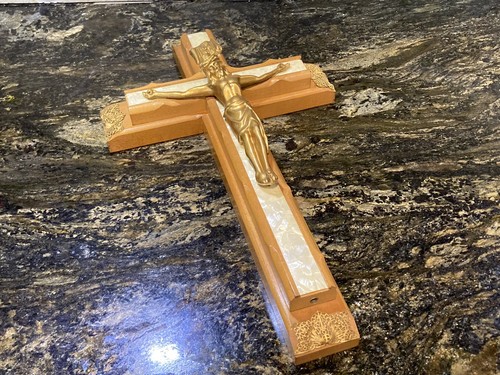 Vint 16” Wood Wall Cross Crucifix Jesus Christ INRI Candles MOP Inlay ...