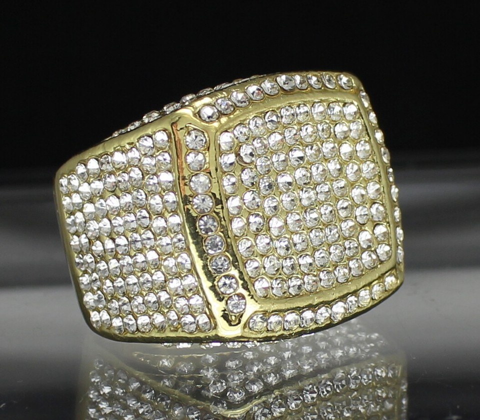 Mens Large Iced CZ Square Pinky Ring Band 14k Gold Plated Hip Hop ...