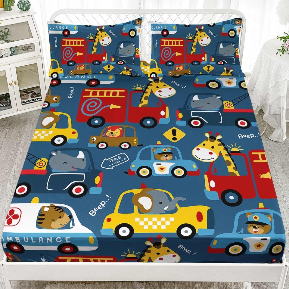 Cartoon Car Sheets Set 4Pcs for Kids,Transportation Police Car Pattern ...