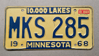 🐾 1968 MINNESOTA "PASSENGER" LICENSE PLATE (MKS-285) W/69 RENEW. STKR ...