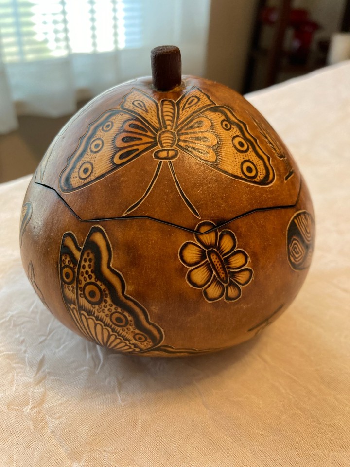 Lucuma Peruvian Carved Gourd W/Lid & Burned Butterfly/Floral Theme ...