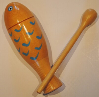 Wooden Fish With Wood Beater Stick - (blue scales) | eBay UK