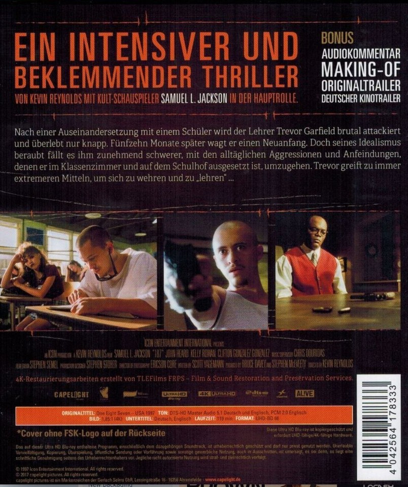 187 / One Eight Seven (1997) 4K UHD Blu-Ray NEW (German Package/English ...