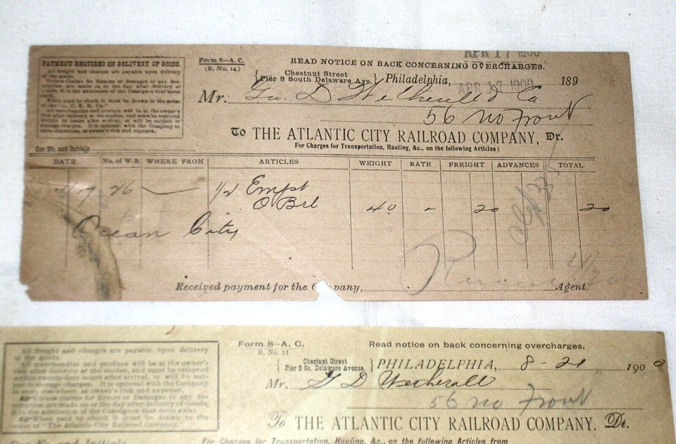 2 Original 1900 Atlantic City Railroad Co. Waybill Freight Receipts | eBay