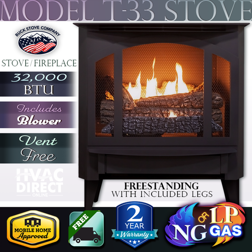 Buck Stove Premier T-33 Vent-Free 26" NG/LP Gas Stove w/ Blower & Legs ...