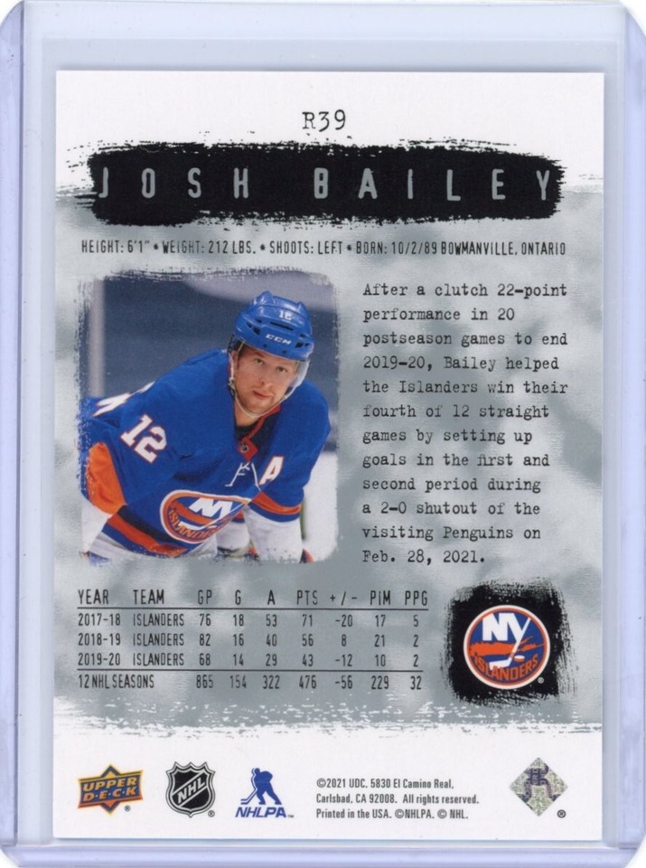2020-21 UD SP Authentic Josh Bailey 2000-01 Retro - New York Islanders ...