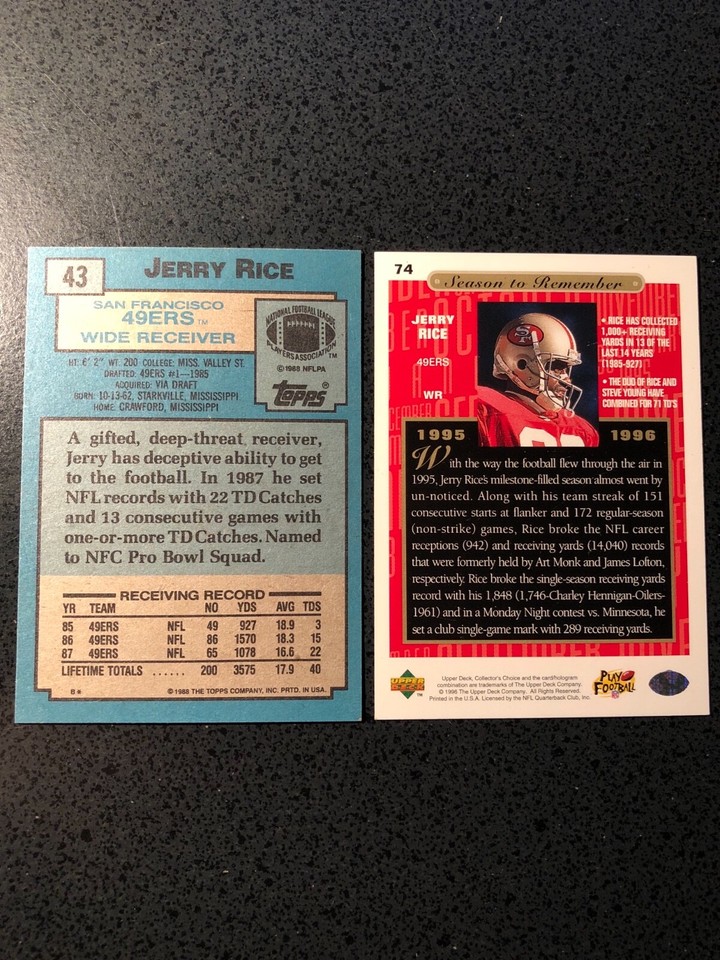 1988 Topps Jerry Rice All Pro #43 AND Upper Deck Collectors Choice #74 ...