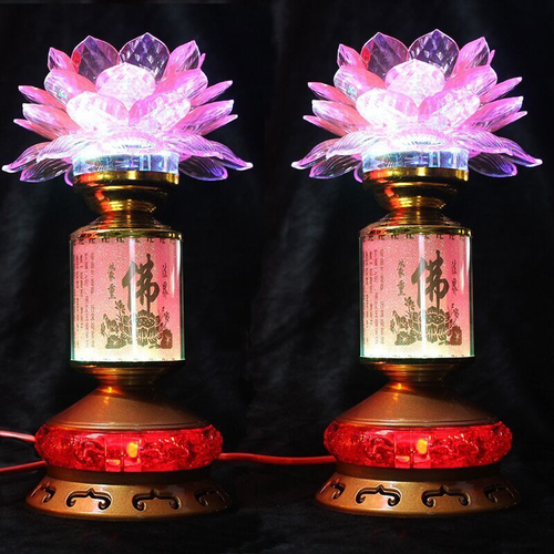 A Pair 25cm LED Buddhist Altar Worship Lamp Lotus Lamp Color Changing ...