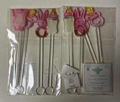 Pink Baby Girl Acrylic Sticks Cake Shower Decor x 2 Bottle/Bunny/Paci ...