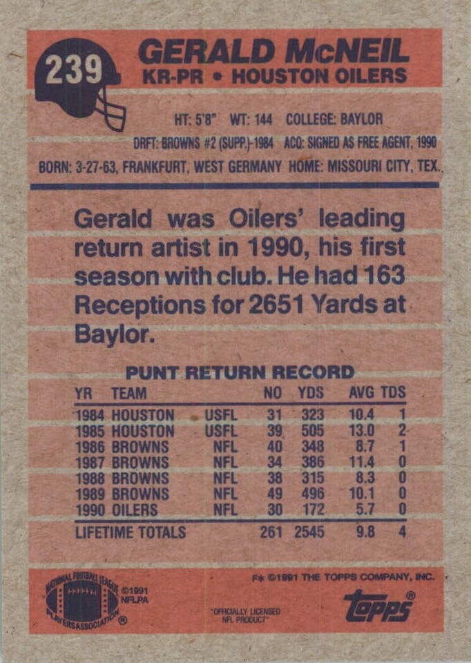 1991 Topps NFL Gerald McNeil #239 | eBay