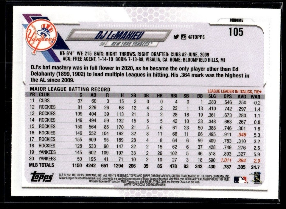 2021 Topps Chrome DJ LeMahieu New York Yankees #105 | eBay