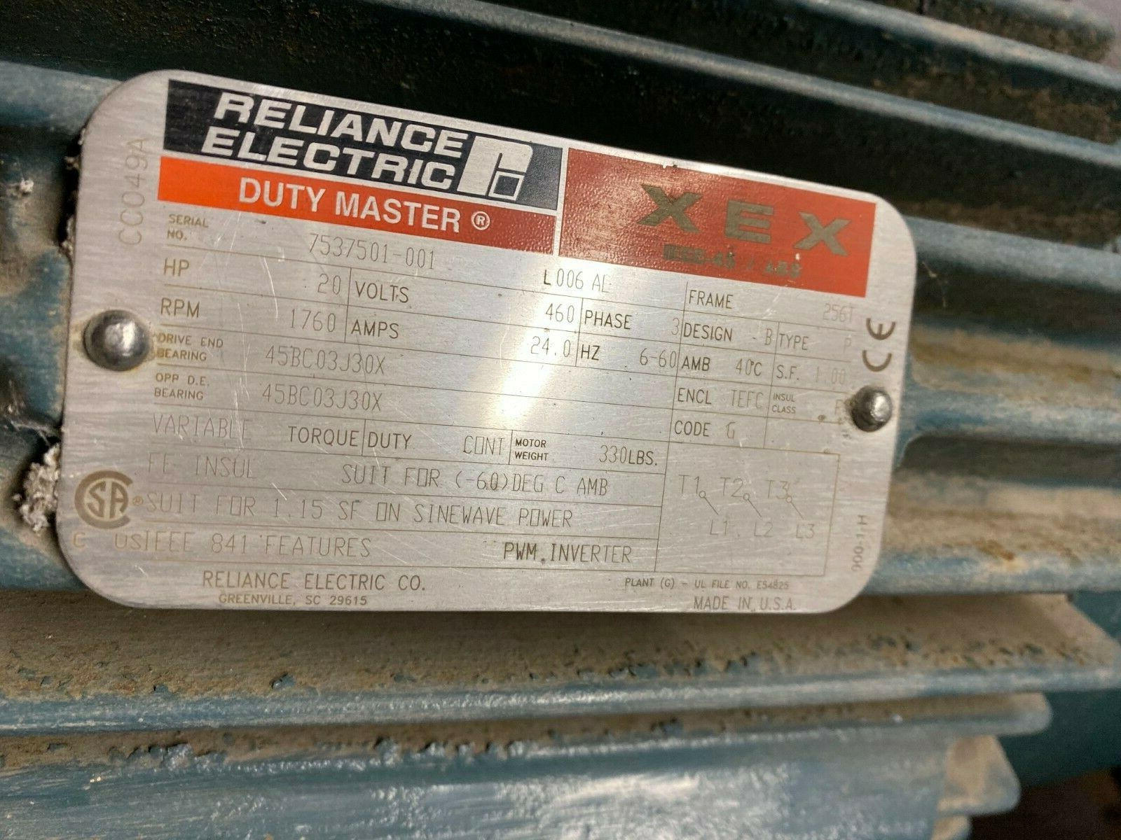 RELIANCE ELECTRIC 7537501-001 L006 AL 1760 RPM 256T FRAME 460V 57 AMP 6 ...