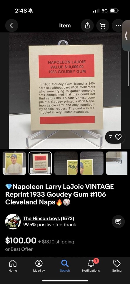 Napoleon Larry LaJoie Reprint 1933 Goudey Gum #106 Baseball Card ...