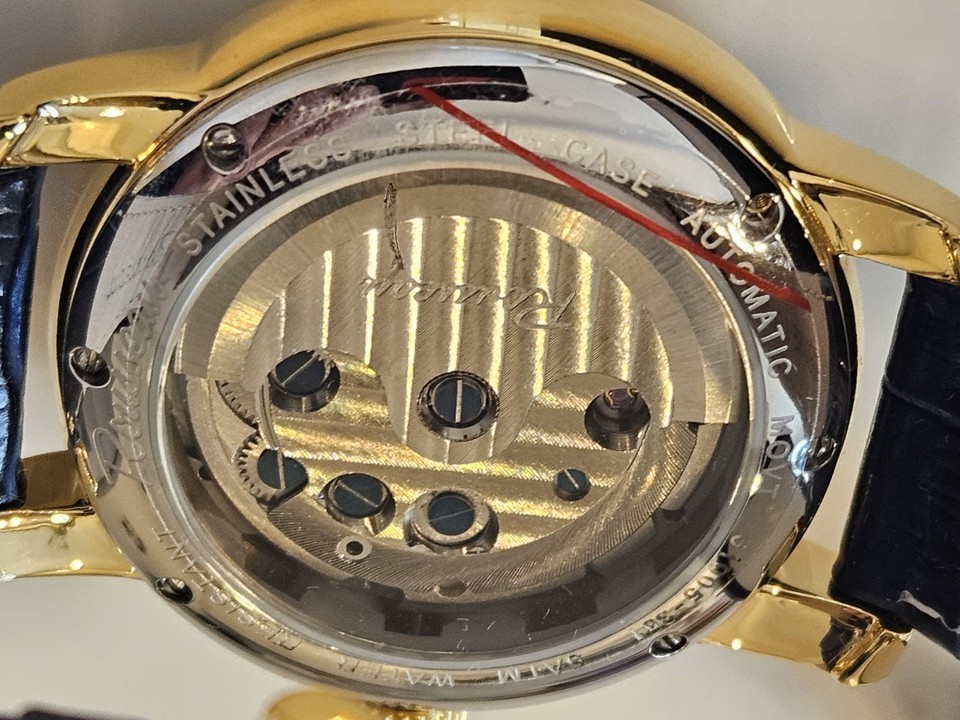 Rousseau Men's Automatic Watch Power Res. Part Skeleton NOS Gold/ Blue ...