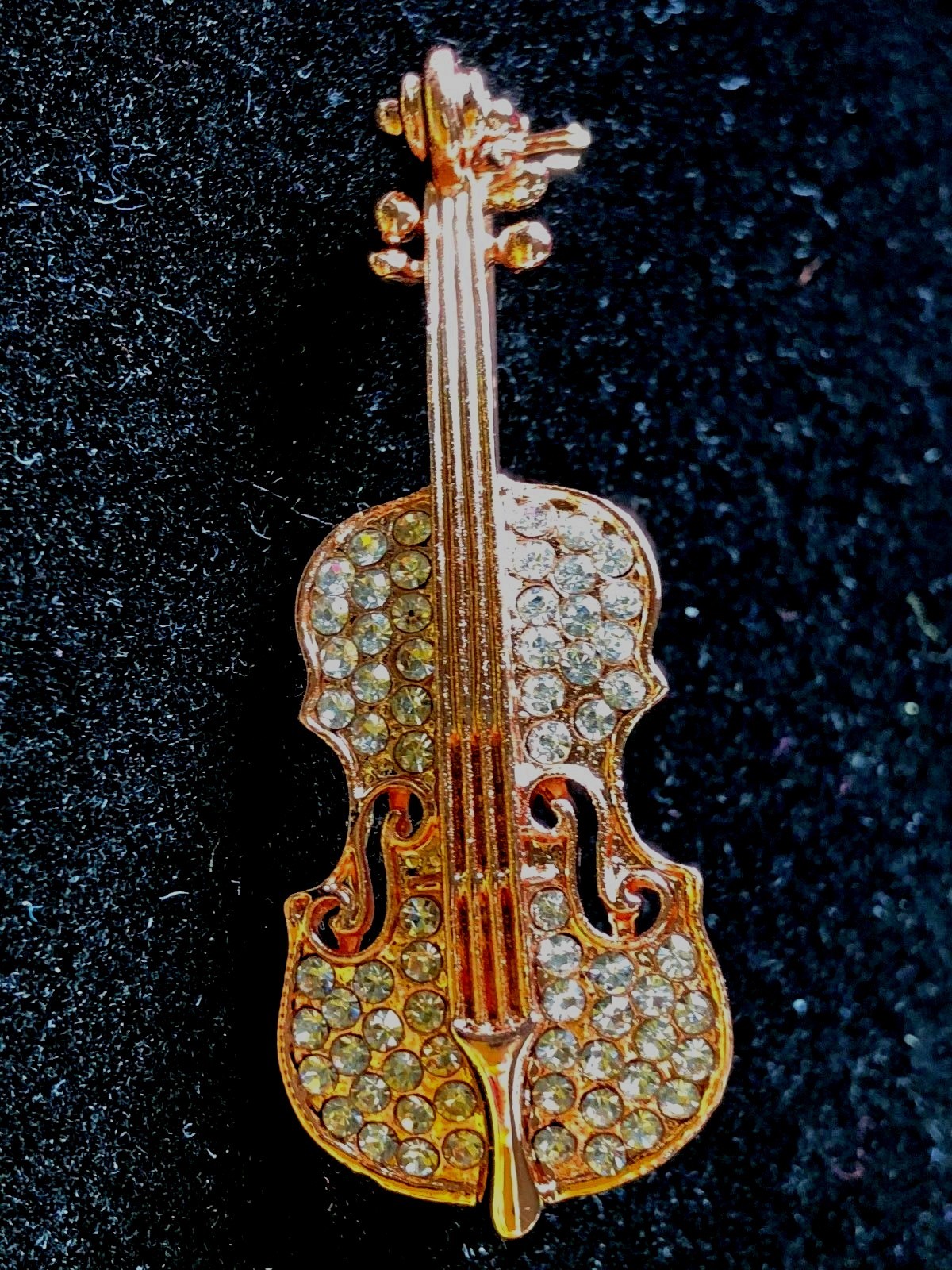 Fiddle Brooch pin clear rhinestones Rose gold tone 2"x .75" Mothers Day ...