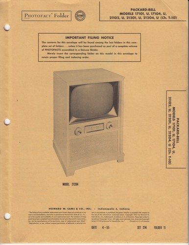 Photofact Folder Packard-Bell Models 17101, U, 17104, U, 21102, U ...