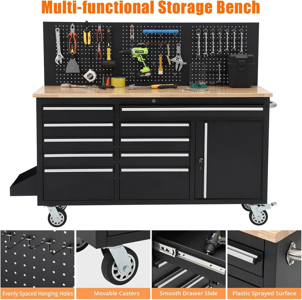60” Mobile Workbenches 10 Drawers Rolling Tool Chest Storage Cabinet ...