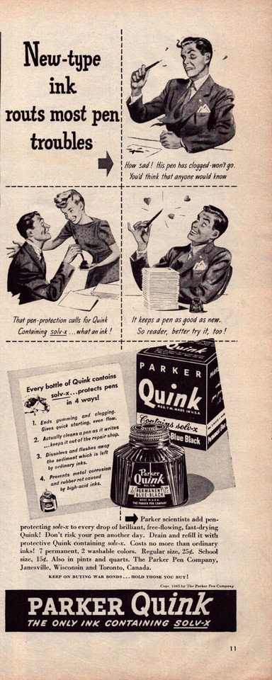 Parker Quink Ink Solv X 1945 Vintage Print Ad Parker Pen Janesville WI ...