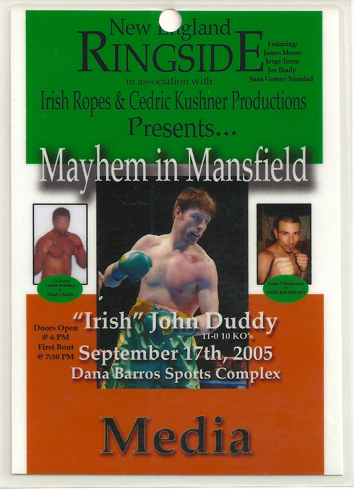 Original Vintage John Duddy vs. Joseph Bradley Boxing Fight Press Pass ...