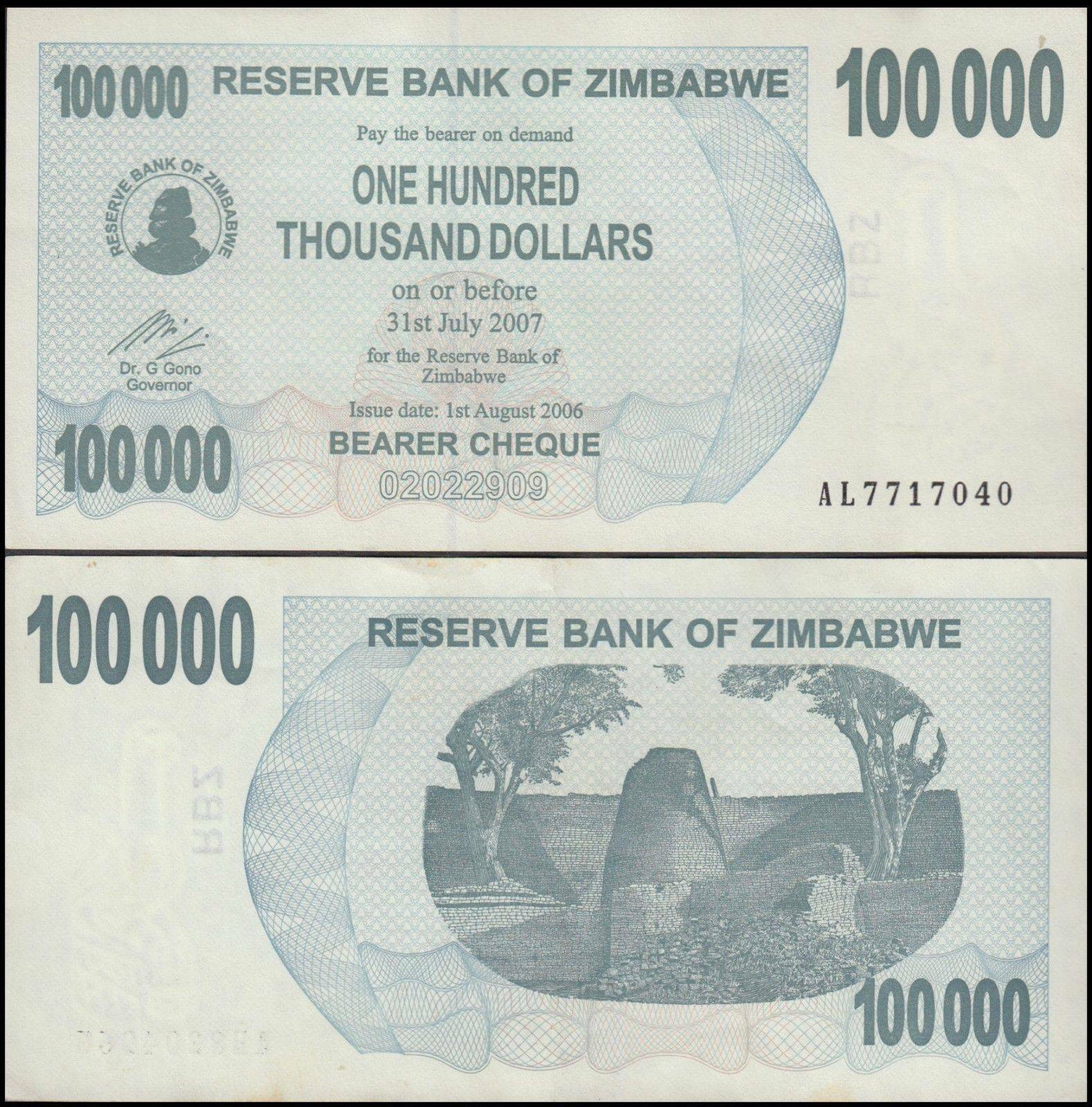 Zimbabwe 100000 Dollars Bearer Cheque, 2006, P-48, Used | eBay