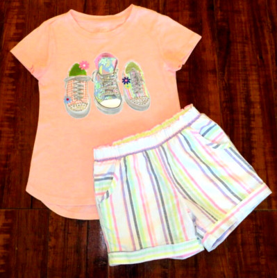 WONDER NATION Girls Size 6 - 6x Small Sneaker Graphic Outfit w/ Striped ...