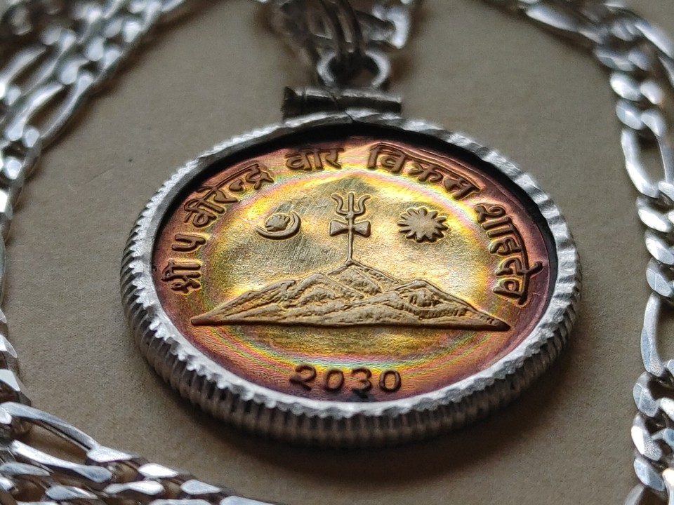 Sunrise & Sickle Moon Himalayan Mountain Nepal coin pendant & Italian ...