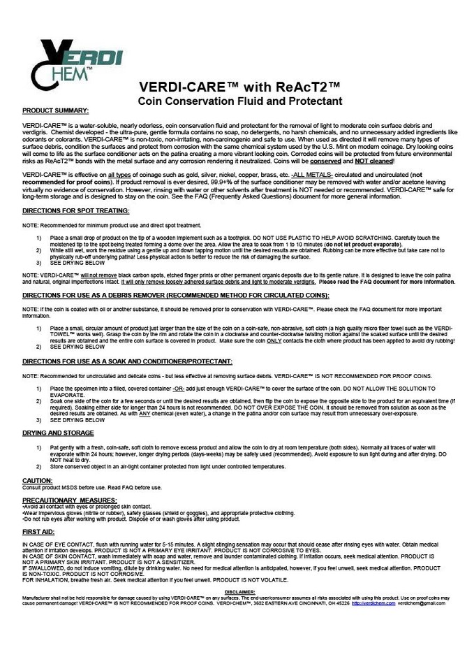 VERDI CARE Coin Conservation Fluid Remove Verdigris & Corrosion Keep ...