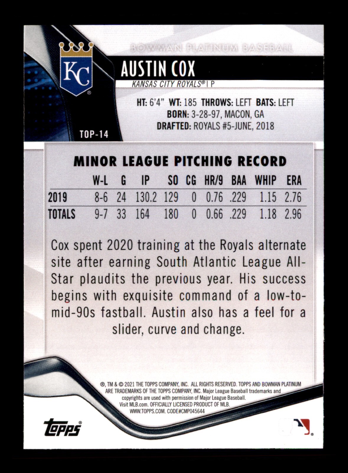 2021 Bowman Platinum - Top Prospects Ice Foil #TOP-14 Austin Cox (RC ...