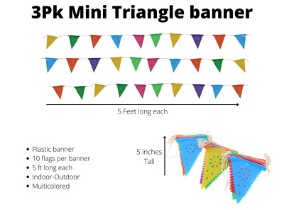 3 Pack MINI Triangle Flags Banner Multicolor, 10 flags per banner, 5ft ...