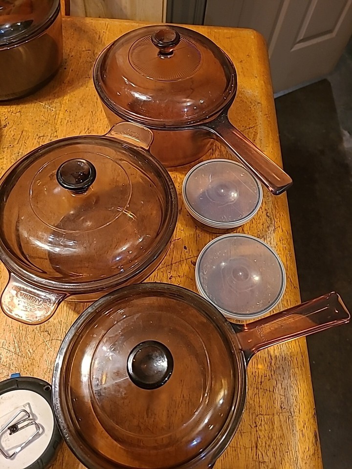 Vintage Visions Cookware Amber Glass Set Pans Lid 10pc Corningware ...