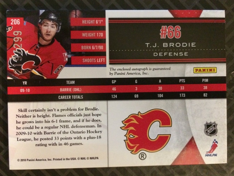2010 NHL Phenoms #206 T.J. Brodie Rookie Autograph/Patch Calgary Flames ...