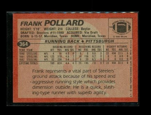 Vintage 1983 TOPPS Football Trading Card #364 FRANK POLLARD Pittsburgh ...