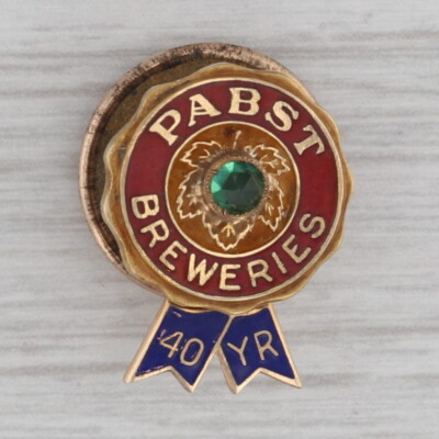 Vintage Pabst Blue Ribbon 40 Year Service Pin 14k Gold Enamel Green ...
