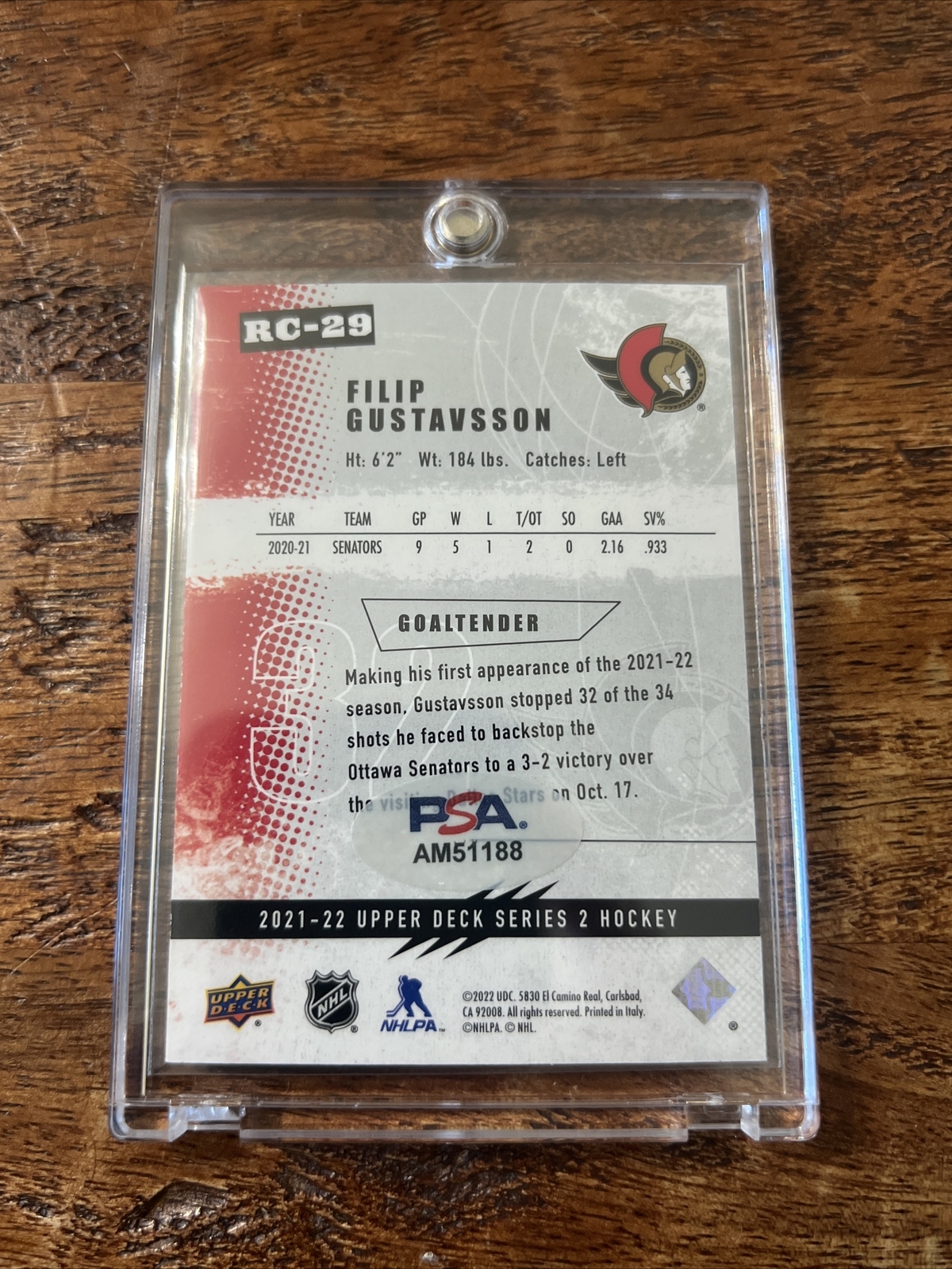 Filip Gustavsson IP Signed Upper Deck Rookie Card Psa Dna Coa ...