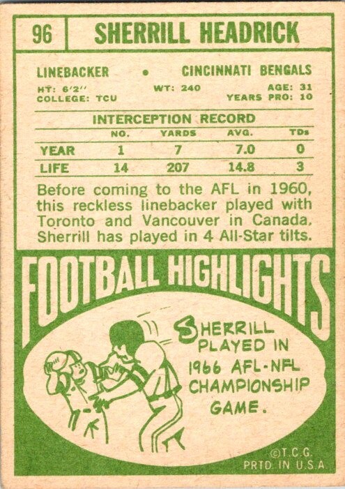 1968 TOPPS FOOTBALL #96 SHERRILL HEADRICK MID GRADE JA | eBay