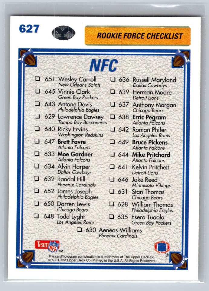 NFC Rookie Checklist - Brett Favre - 1991 Upper Deck #627 - Falcons | eBay