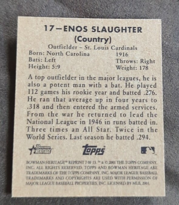 ENOS SLAUGHTER 2001 Bowman Heritage '48 REPRINTS Insert Card #17 Mini ...