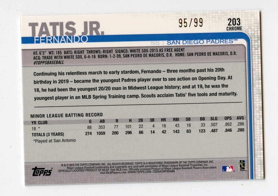F951 FERNANDO TATIS JR RC 2019 TOPPS CHROME GREEN REFRACTOR 95/99 #203 ...